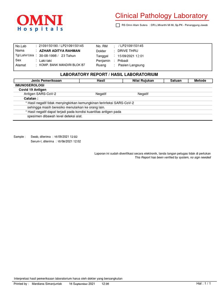 Rapid Test - Azhar Aditya Rahman - 15 September 2021 | PDF