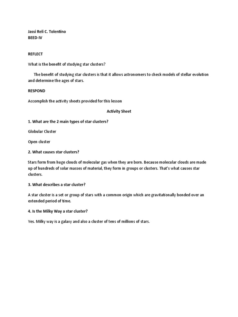 Activity Sheet Star Cluster | PDF