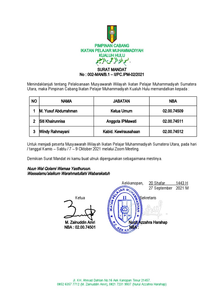 Surat Mandat IPM Kualuh Hulu untuk Musyawarah Wilayah IPM Sumatera ...