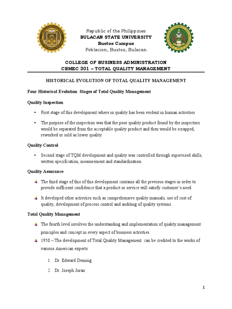 CBMEC 301 Total Quality Management | PDF | Quality (Business) | Quality Management