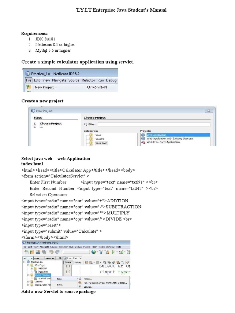 Create A Simple Calculator Application Using Servlet.: T.Y.I.T Enterprise Java Student's Manual ...