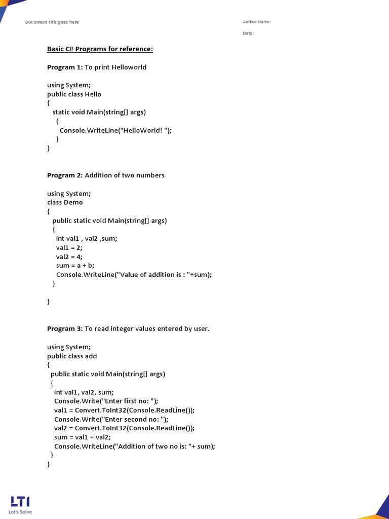 Basic C# Programs For Reference | PDF | C Sharp (Programming Language ...