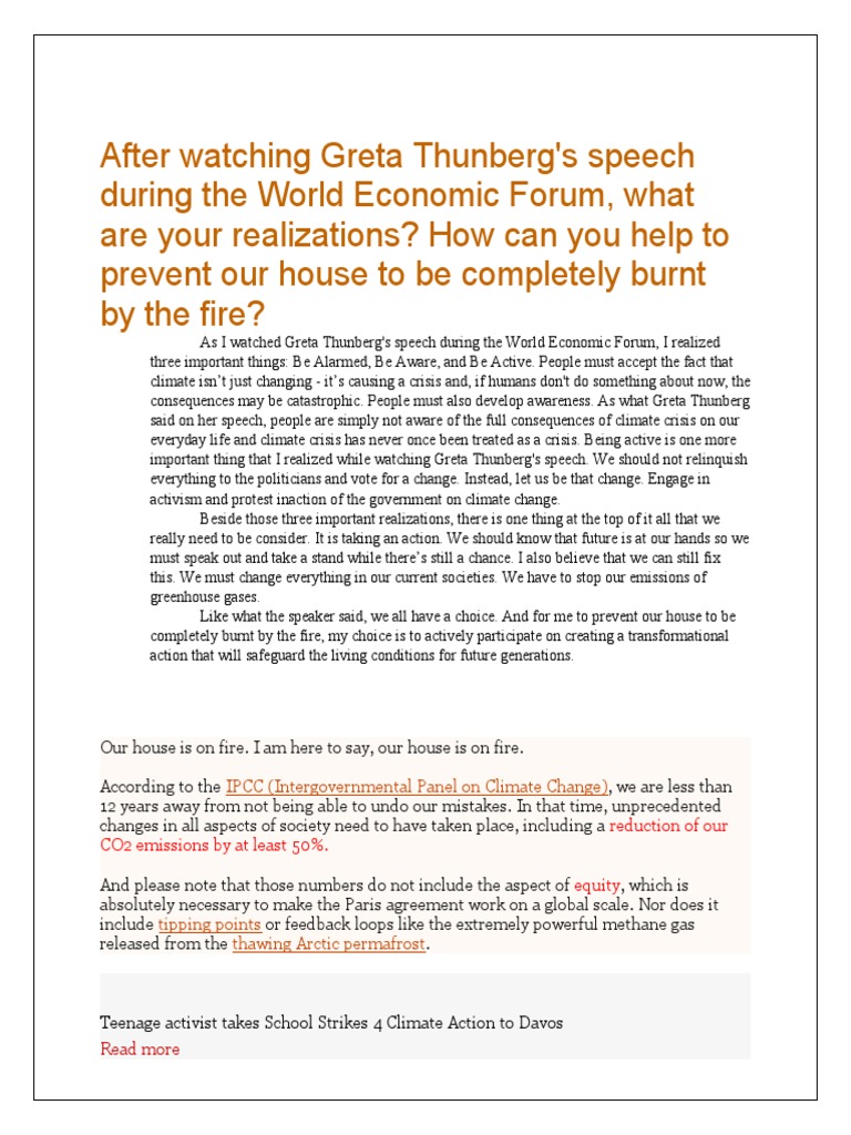 Greta Thunberg Speech | PDF | Climate Change | Greenhouse Gas