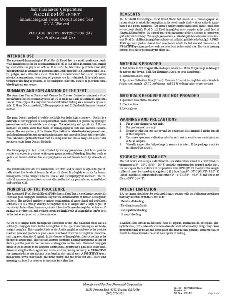 Ifobt Single Package Insert | Download Free PDF | Clinical Medicine ...