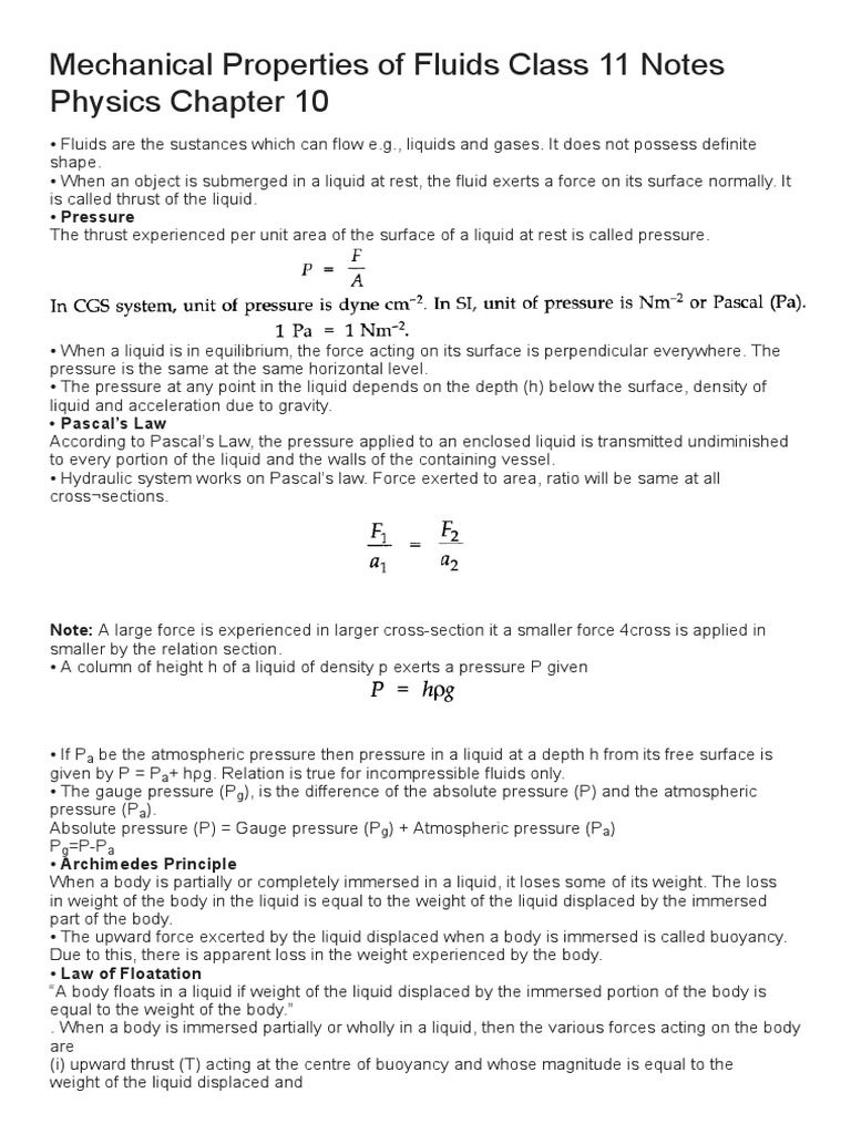 Class 11 Mechanical Properties of Fluids | PDF | Pressure | Fluid Dynamics