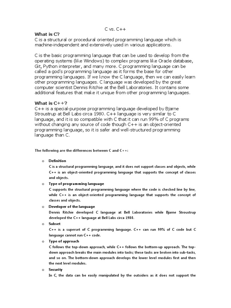 What Is C?: The Following Are The Differences Between C and C++ | PDF ...