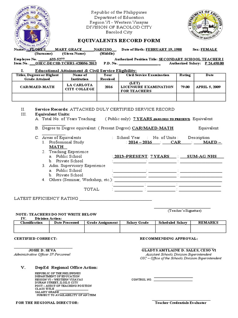 Equivalents Record Form: I. Educational Attainment & Civil Service ...