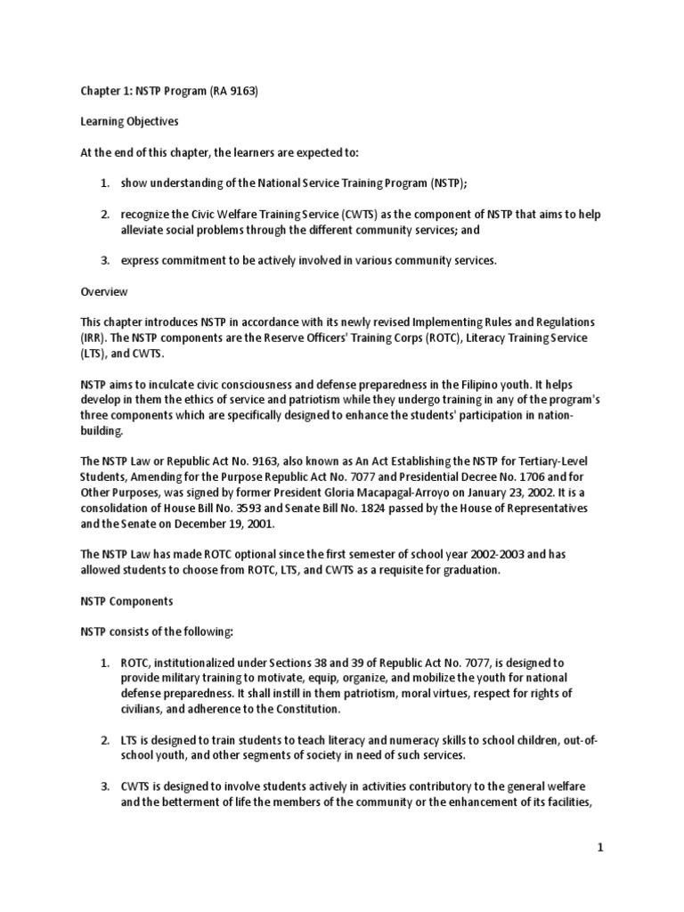 Chapter 1 - NSTP Program (RA 9163) | PDF | Leadership | Reserve ...