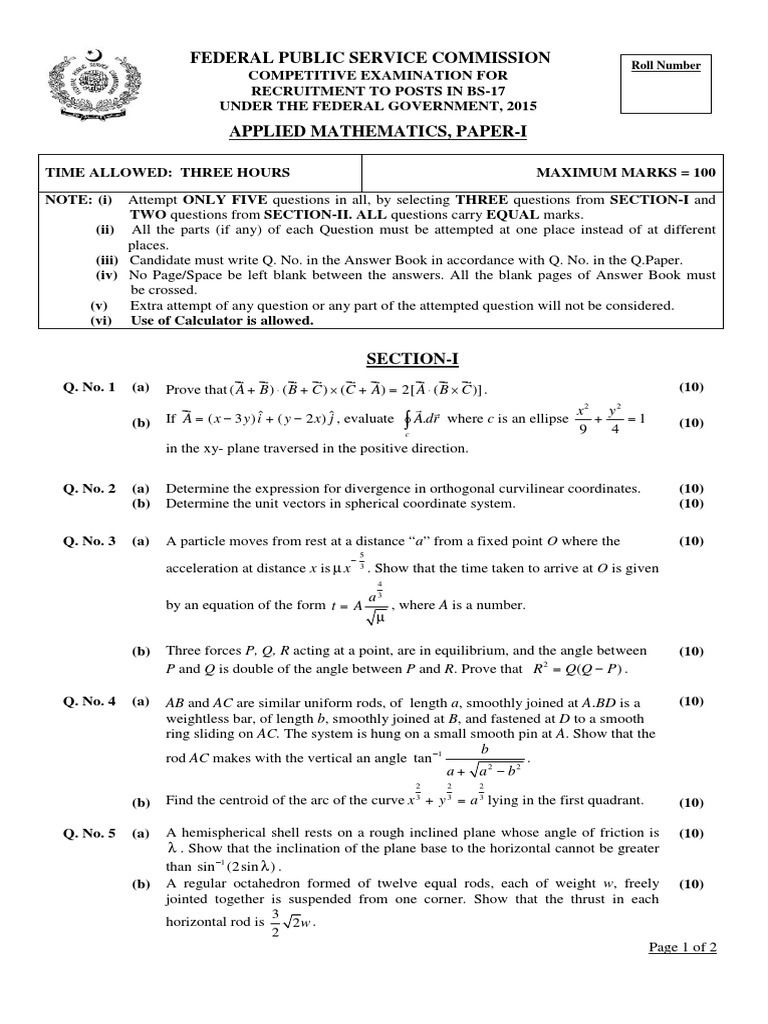 Federal Public Service Commission Competitive Exam Papers in Applied ...