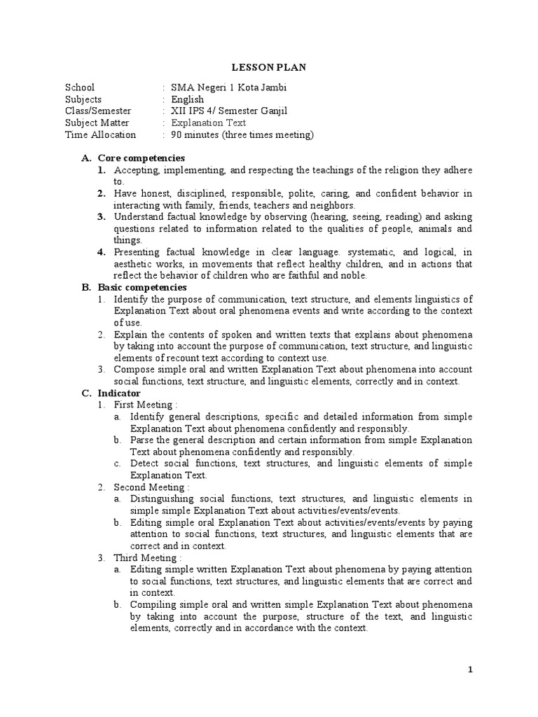 Lesson Plan of Explanation Text (XII IPS 4 OKT 11) | PDF | Linguistics ...