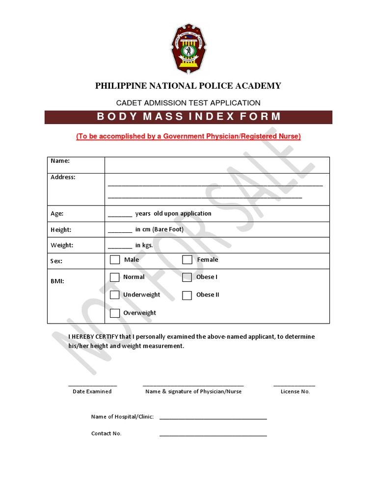 Body Mass Index Form: Philippine National Police Academy | PDF