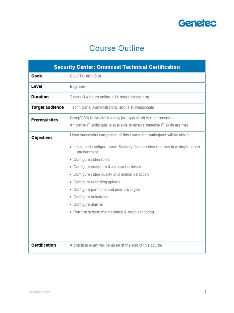 Course Outline: Security Center: Omnicast Technical Certification | PDF ...