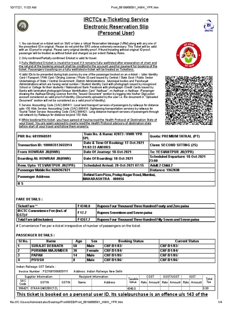 Irctcs E-Ticketing Service Electronic Reservation Slip (Personal User) | PDF | Identity Document ...