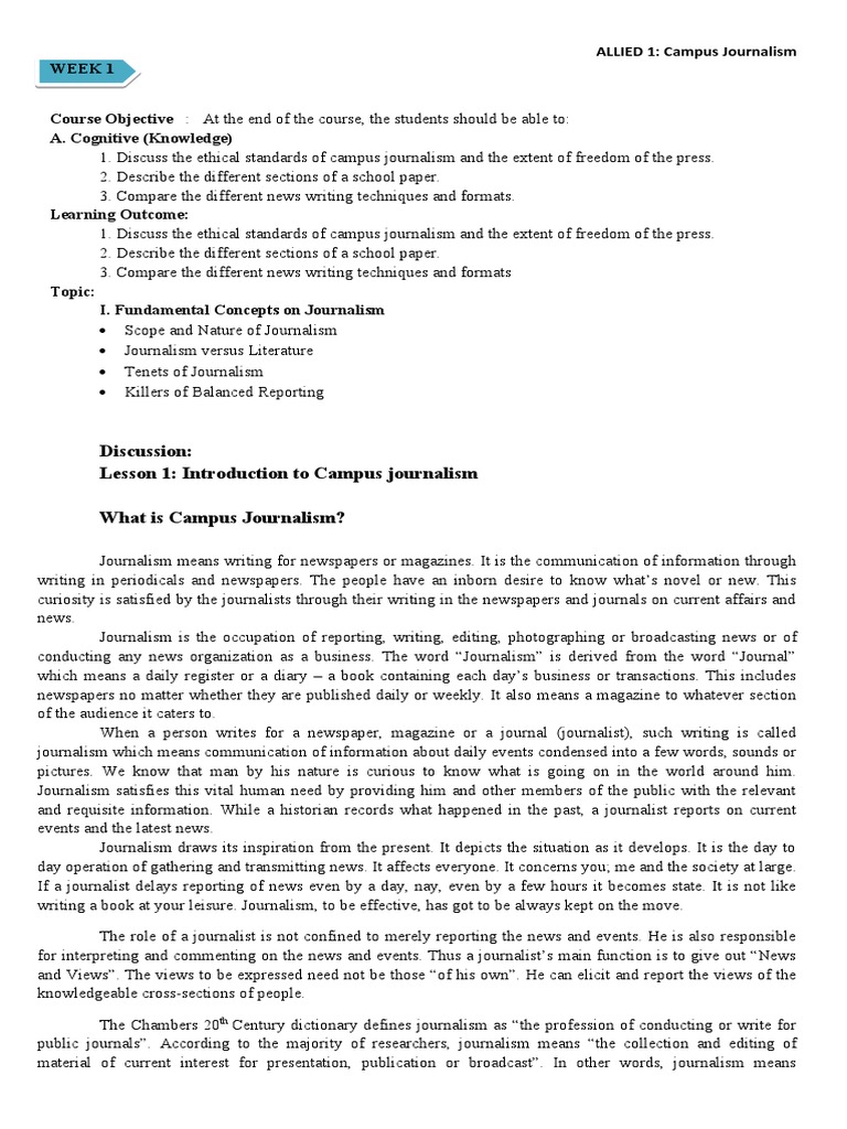 Discussion: Lesson 1: Introduction To Campus Journalism What Is Campus ...