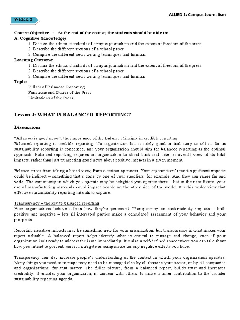 Lesson 4: What Is Balanced Reporting? Discussion | PDF | Journalism ...