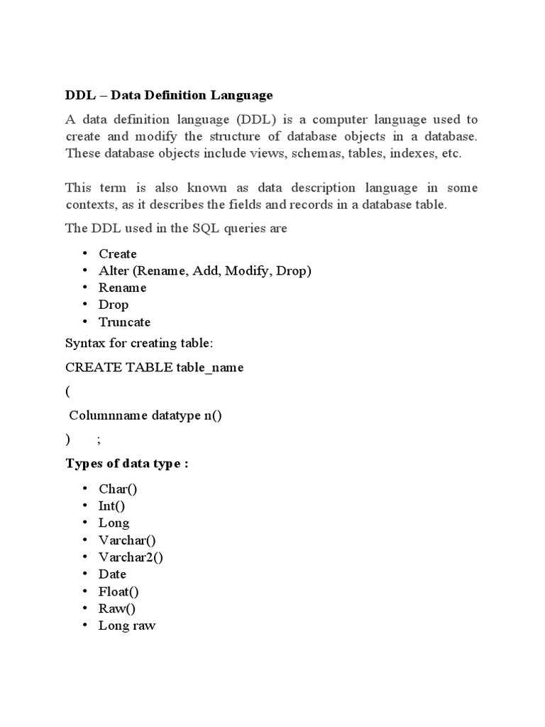 DDL - Data Definition Language | Download Free PDF | Sql | Software Engineering