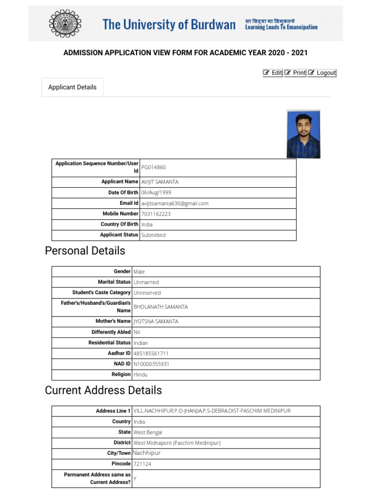 Burdwan University Admission Application | PDF