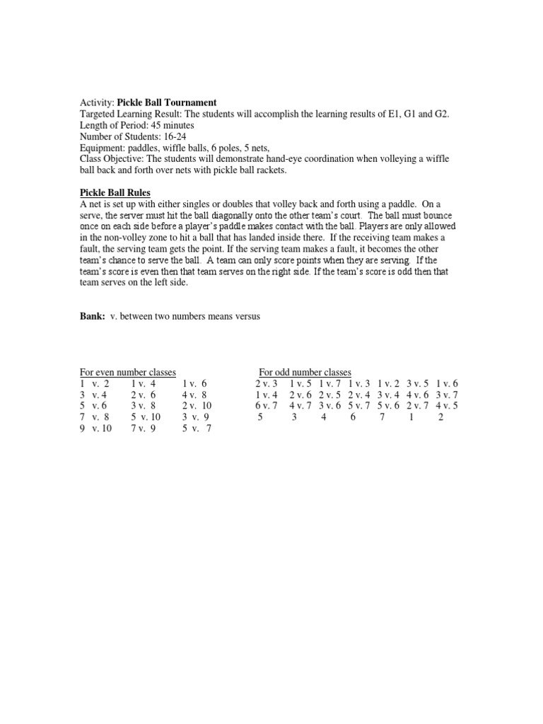 Pickle - Ball - Tournament Lesson Plan | PDF | Games Of Physical Skill ...
