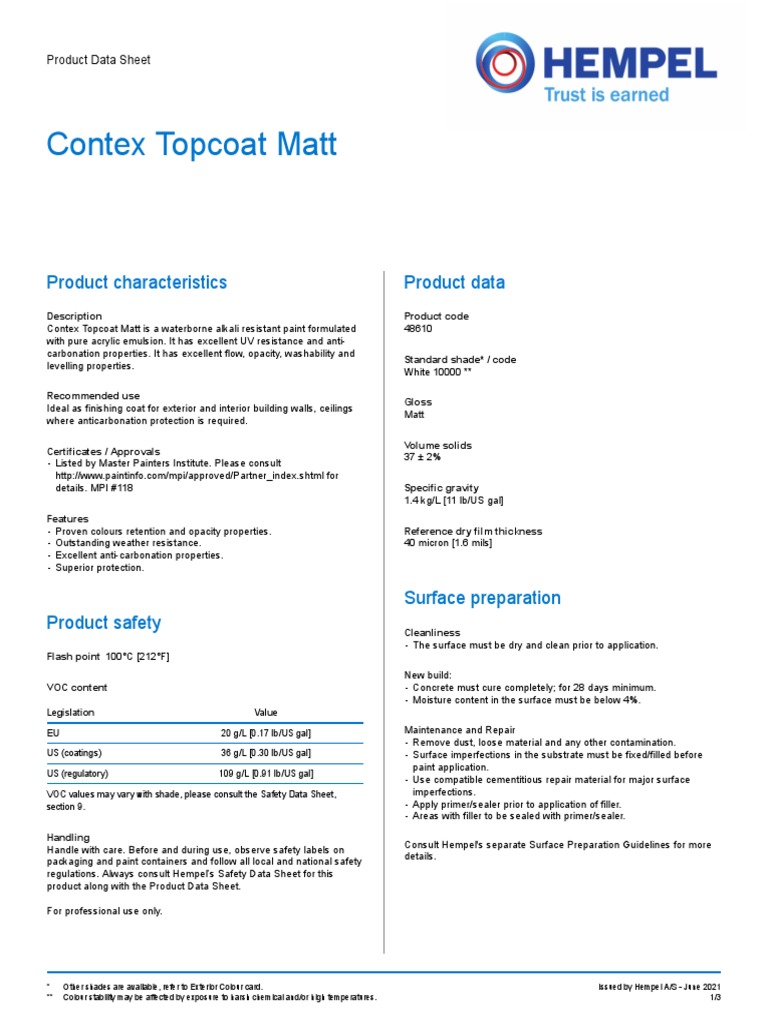 Contex Topcoat Matt: Product Characteristics Product Data | PDF | Paint ...