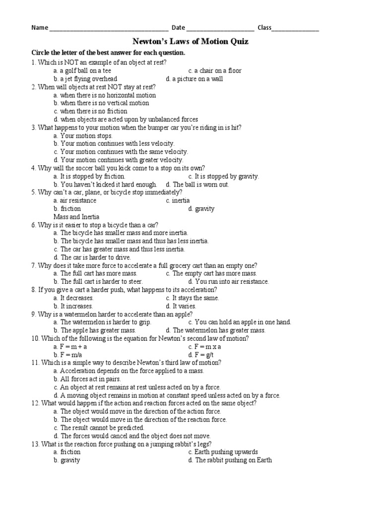 Newtons Laws of Motion Quiz | PDF | Force | Newton's Laws Of Motion