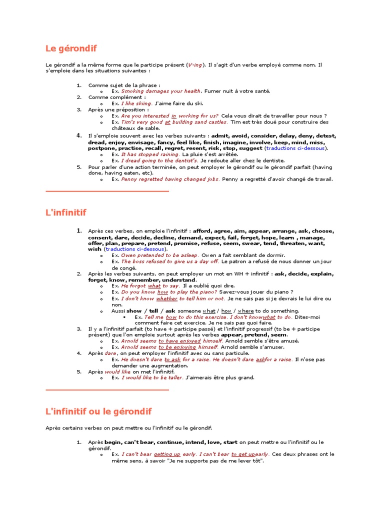 Gérondif et Infinitif : Utilisation et Règles | PDF | Verbe | Grammaire