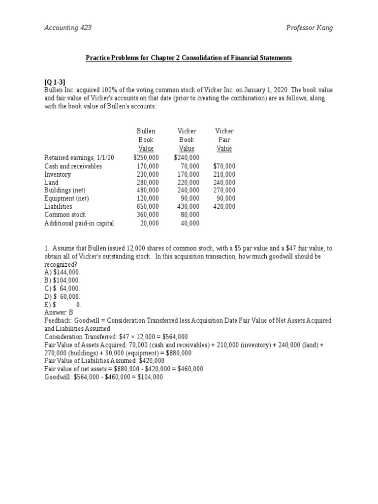 Accounting 423 Professor Kang: Practice Problems For Chapter 2 ...
