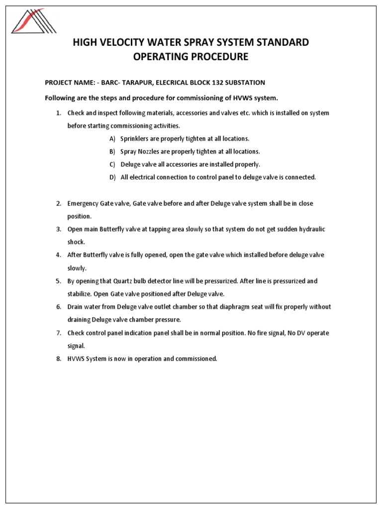 HVWS System SOP | PDF | Fire Sprinkler System | Valve