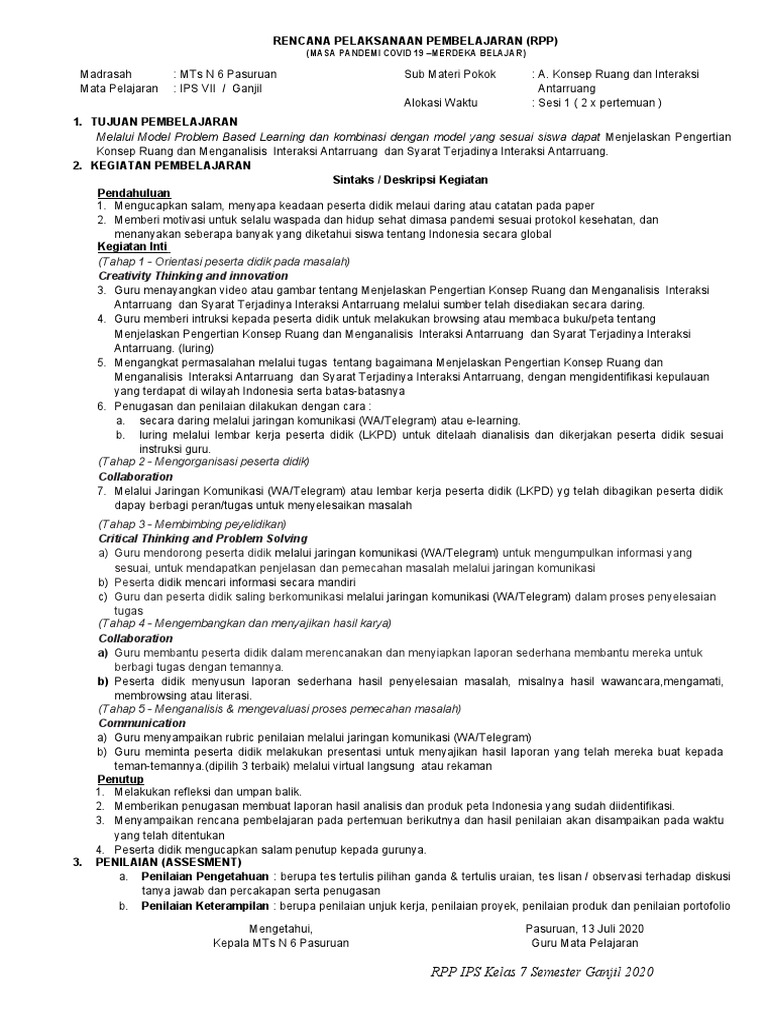 RPP IPS 7 Darurat (1 Lembar) | PDF