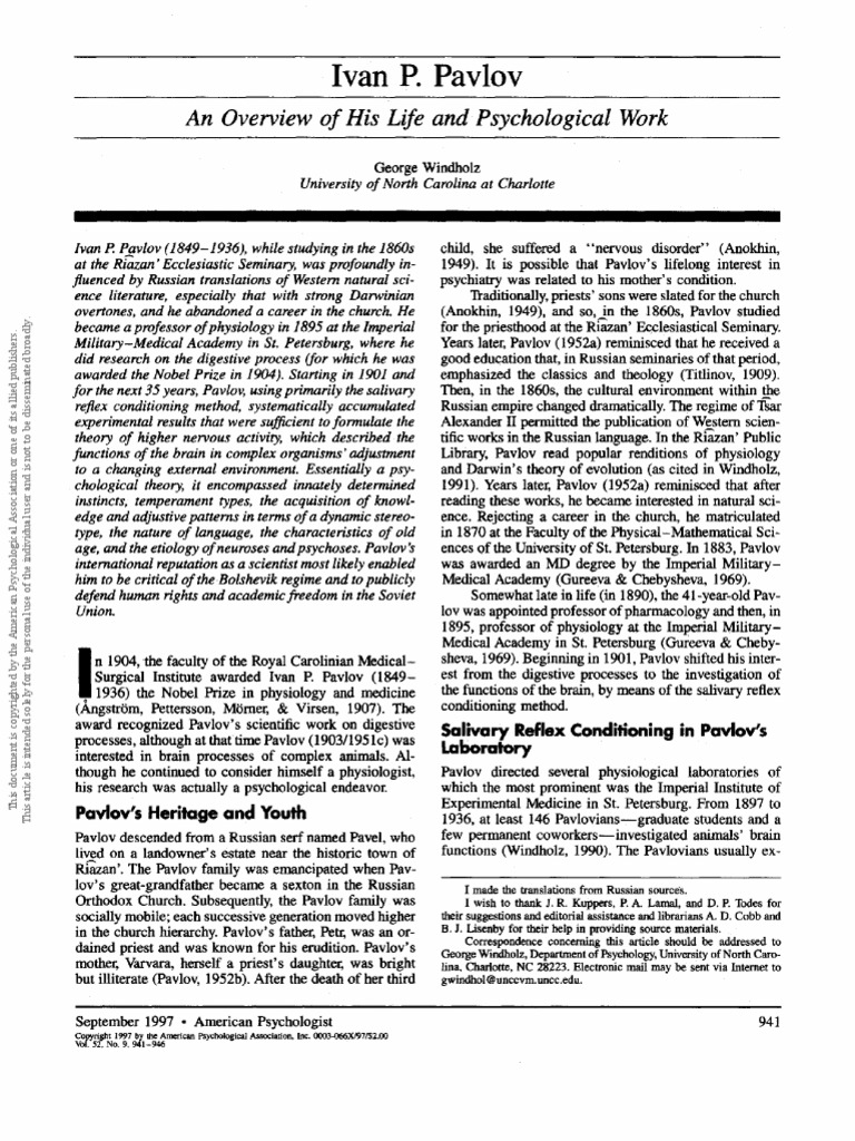 Ivan R Pavlov: An Overview of His Life and Psychological Work | PDF ...