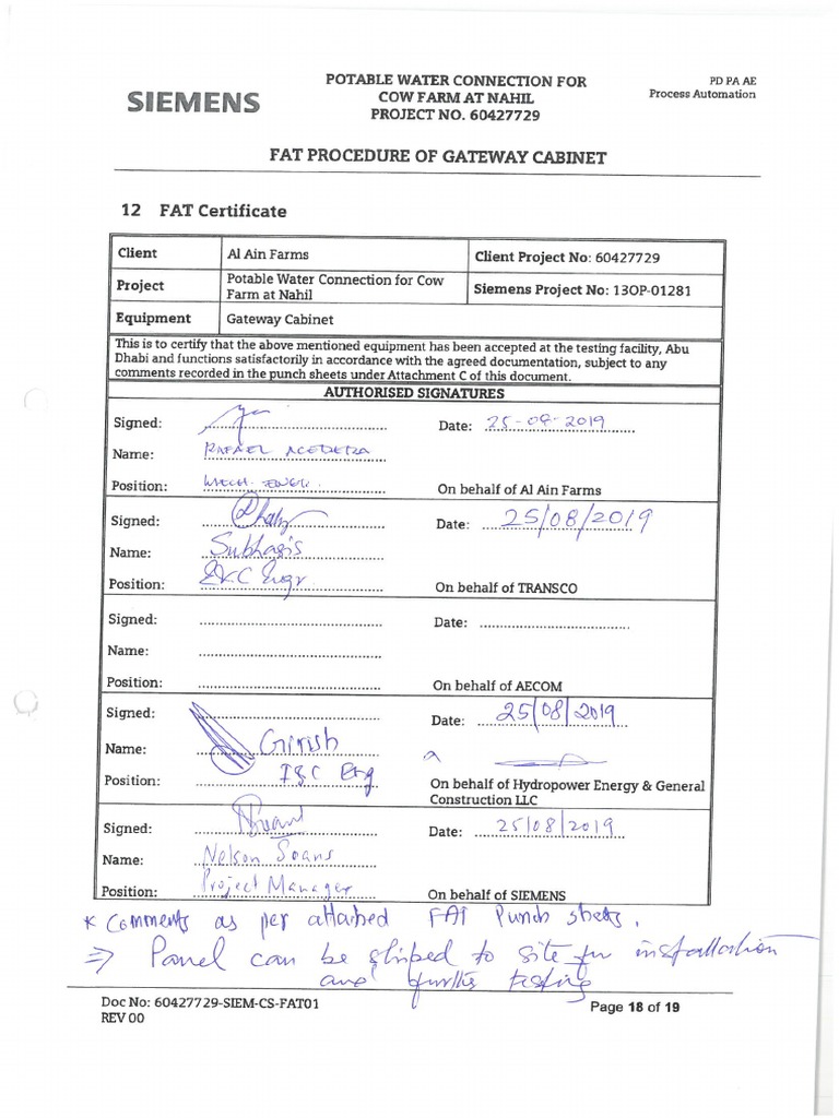 01 FAT Certificate & Comments | PDF