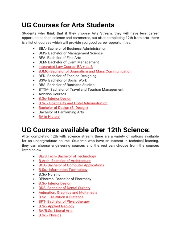 Best UG courses after 12th arts and science streams | PDF | Bachelor's ...