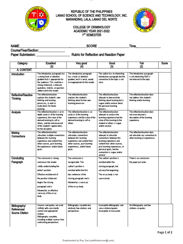 Reflection and Reaction Paper Rubric | PDF | Citation | Grammar Reflection and Reaction Paper Rubric | PDF | Citation | Grammar