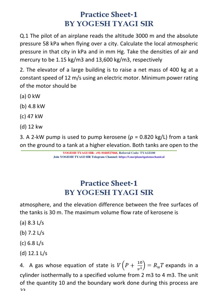 Thermo Practice Sheet-1 YT | PDF | Pressure | Pascal (Unit)