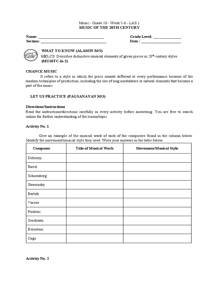 G 10 Q1MAPEH Music Week 5 6 Worksheet 1 | PDF | Composers | Harmony