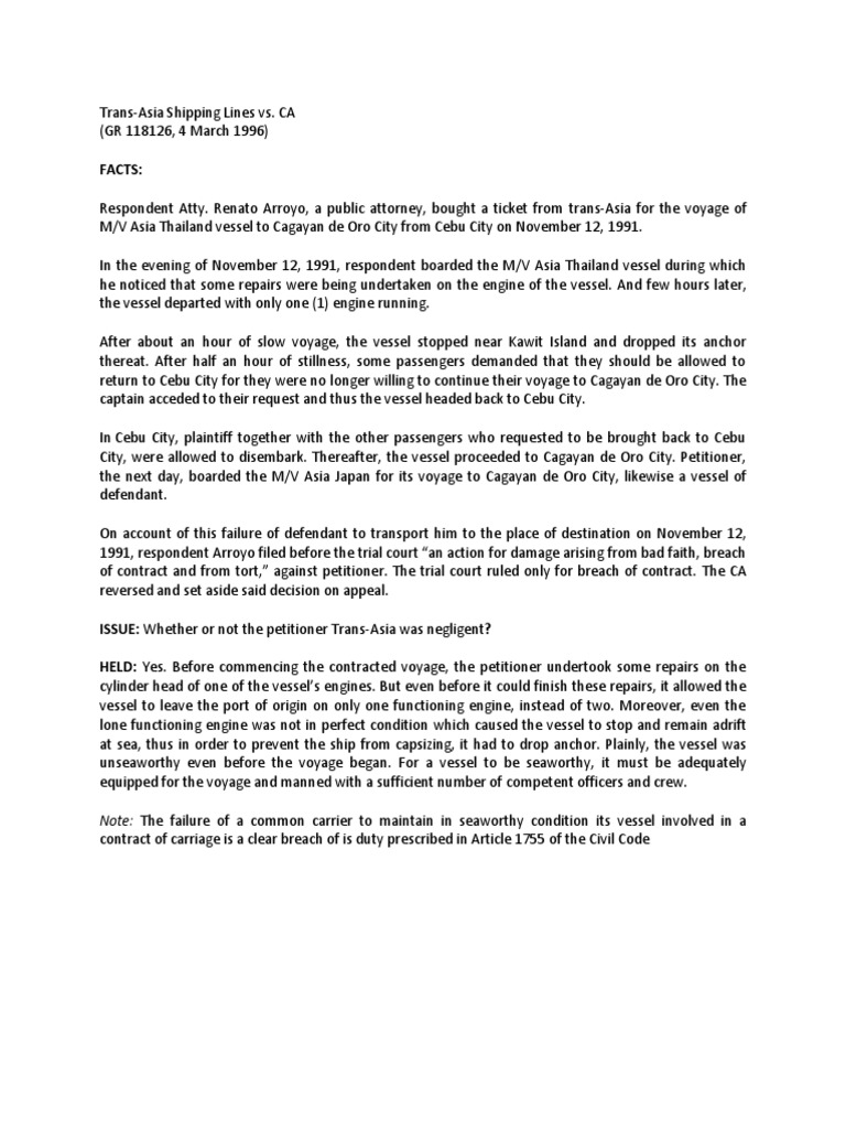 Trans-Asia Shipping Lines Negligence Case | PDF | Justice | Crime ...