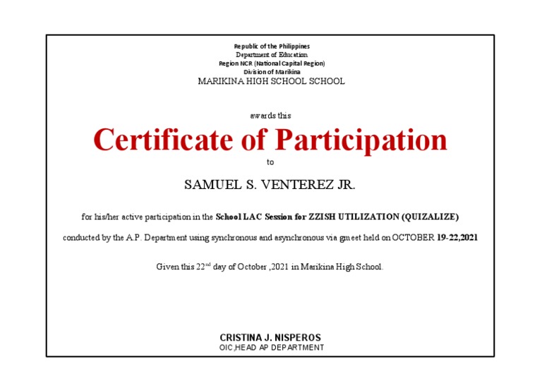 Certificate of Participation Lac Session | PDF