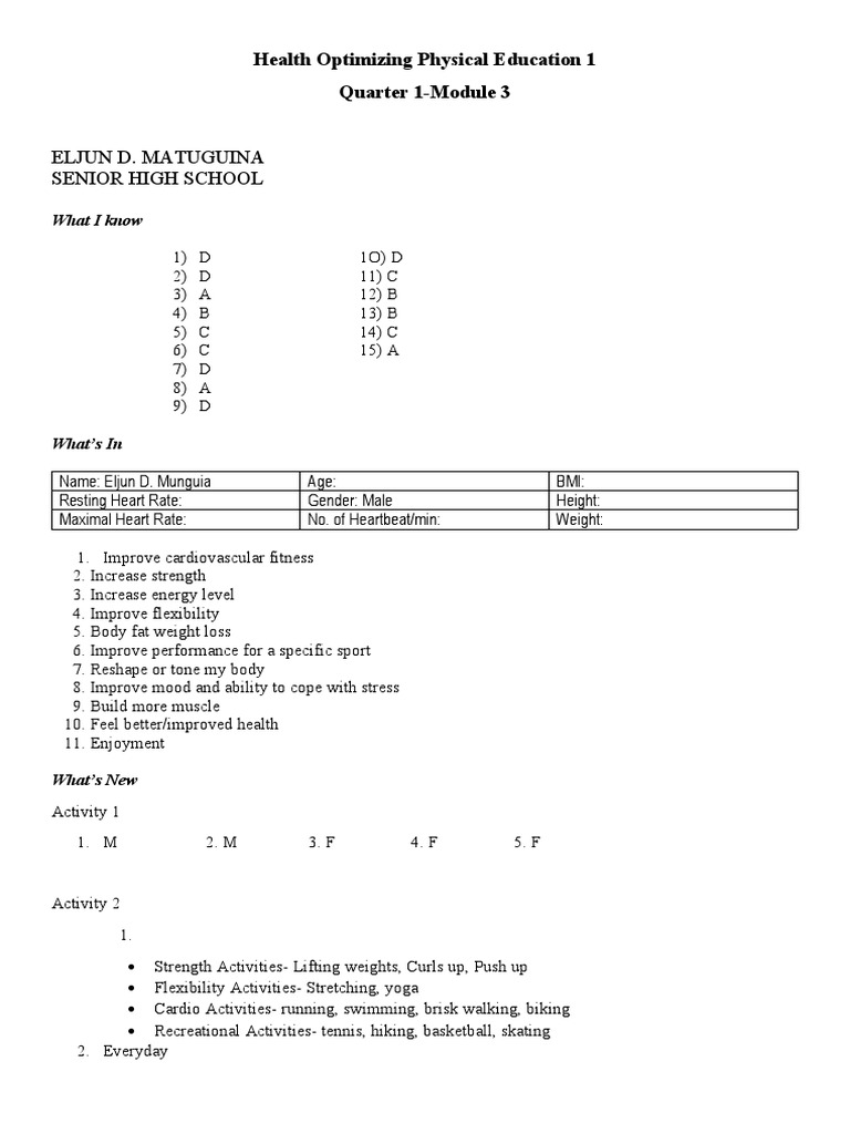 Health Optimizing Physical Education 1 | PDF | Communication | Physical Fitness