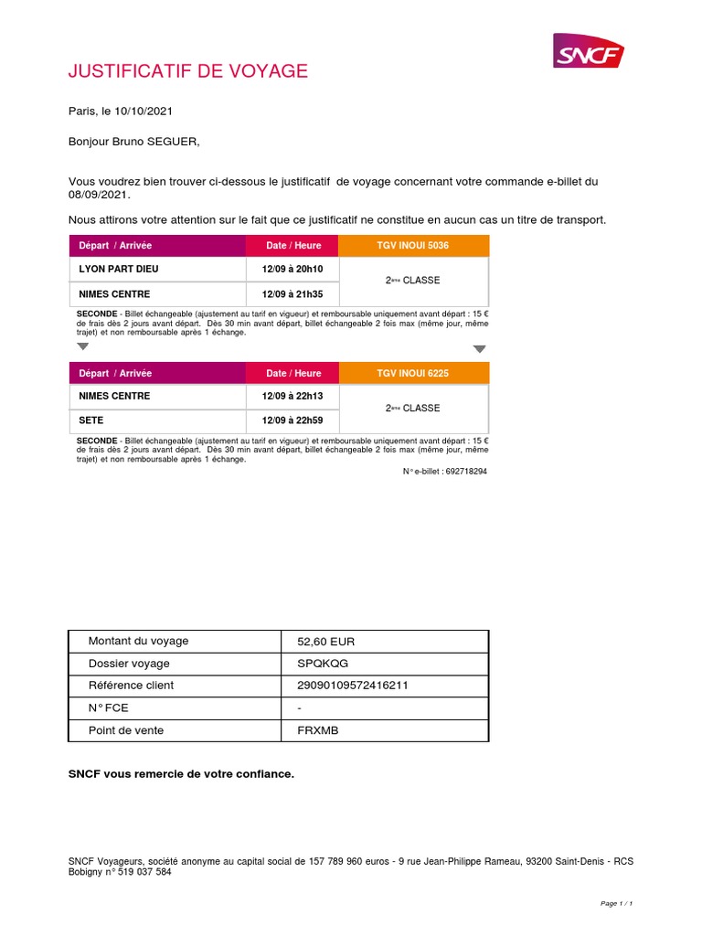 Justificatif de Voyage SNCF | PDF | Transport ferroviaire | Transport ...