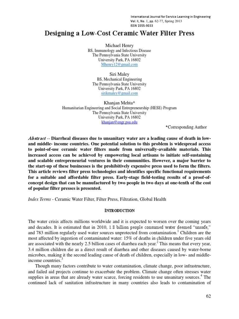 Designing A Low-Cost Ceramic Water Filter Press | PDF | Drinking Water ...