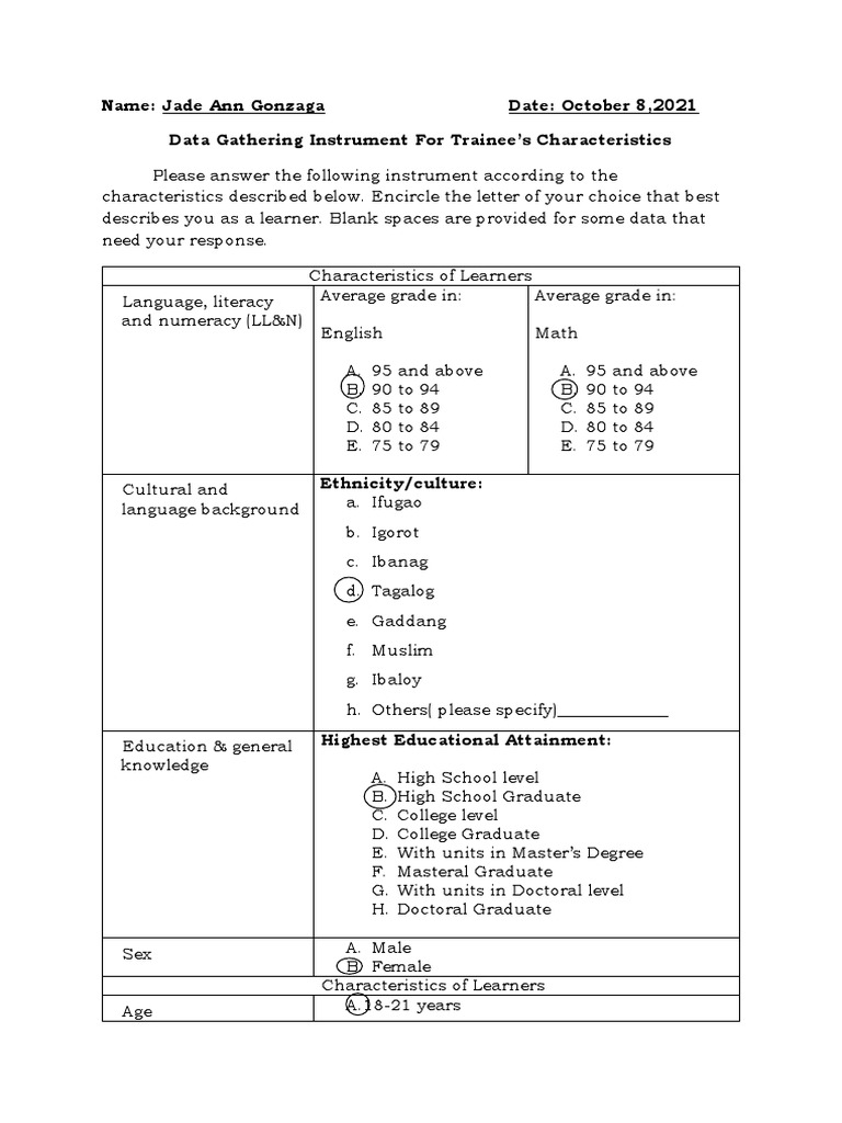 ECA Data Gathering Instrument For Trainees Characteristics New | PDF ...