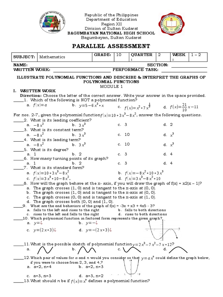 Polynomial Functions Assessment | PDF | Function (Mathematics) | Polynomial
