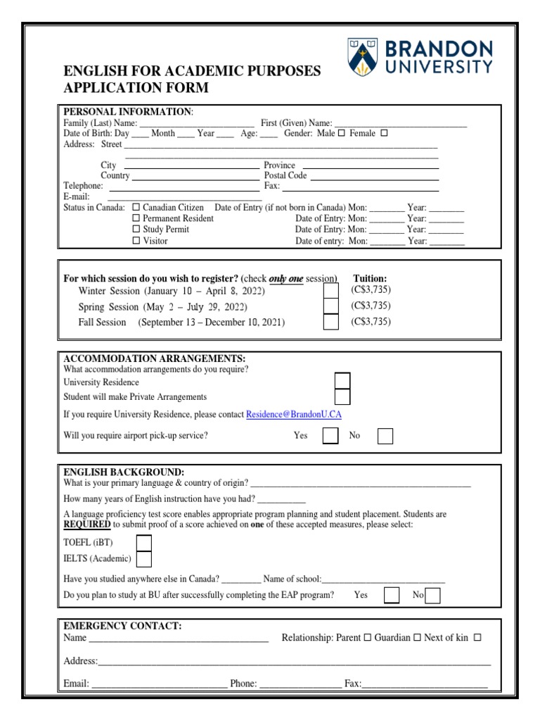 English For Academic Purposes Application Form: Personal Information ...