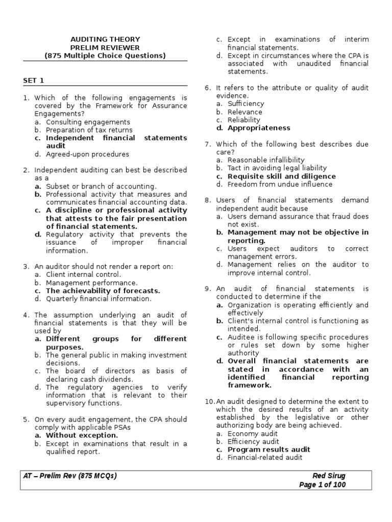 At - Prelim Rev (875 MCQS) Red Sirug of | PDF | Audit | Financial Audit