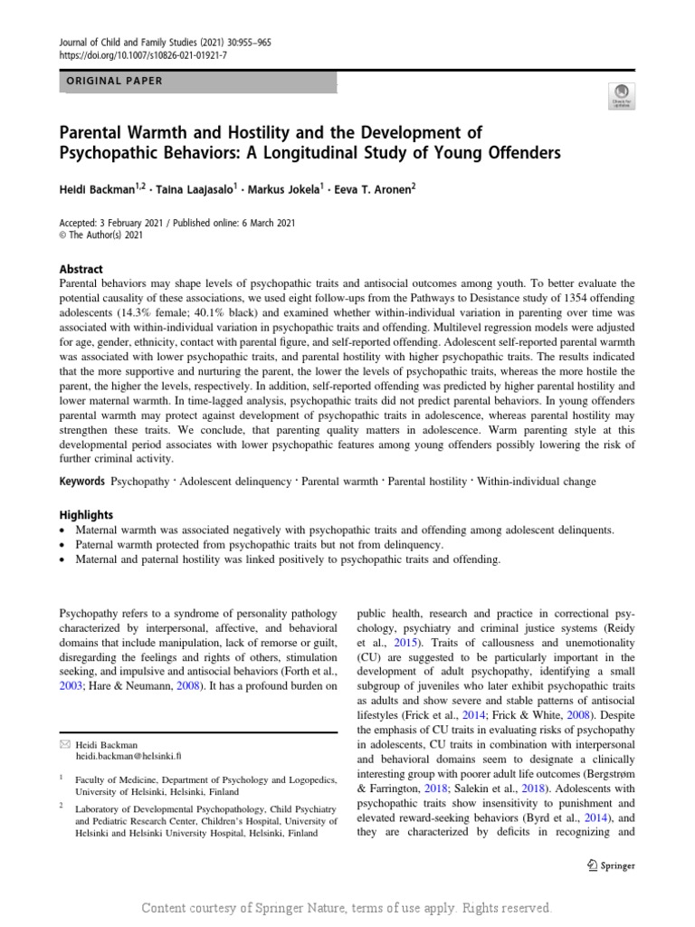 Parental Warmth and Hostility and The Development | PDF | Psychopathy ...
