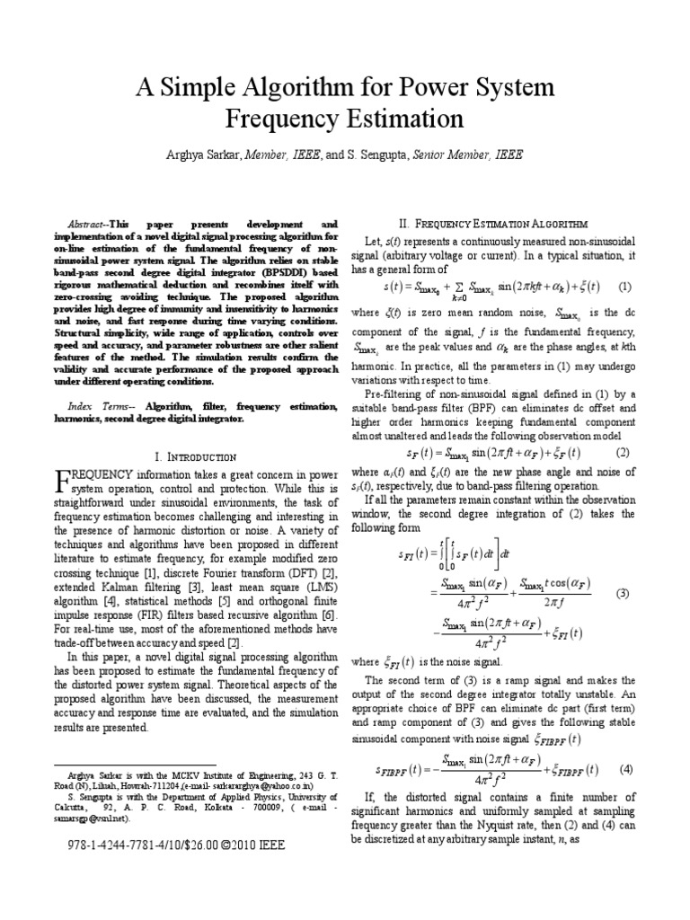 A Simple Algorithm For Power System Frequency Estimation Pdf Signal To Noise Ratio Amplitude