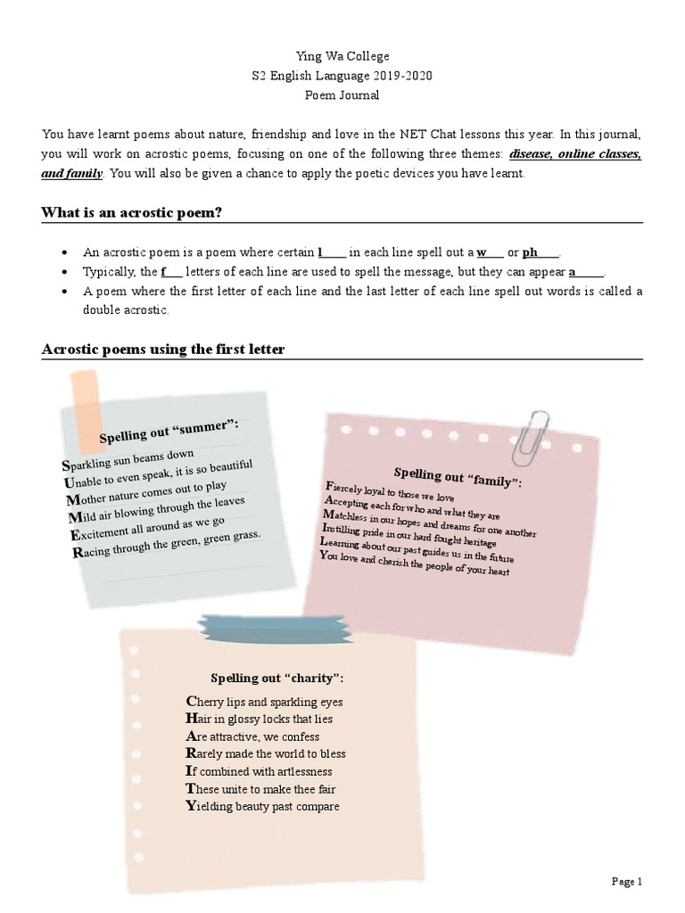 2019 20 S2 ENG Poem Journal Ss | Download Free PDF | Poetry | Cognition