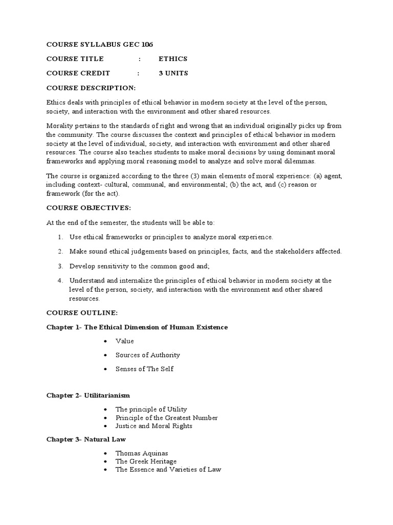 Ethics Course Syllabus GEC 106 | PDF | Morality | Social Institutions