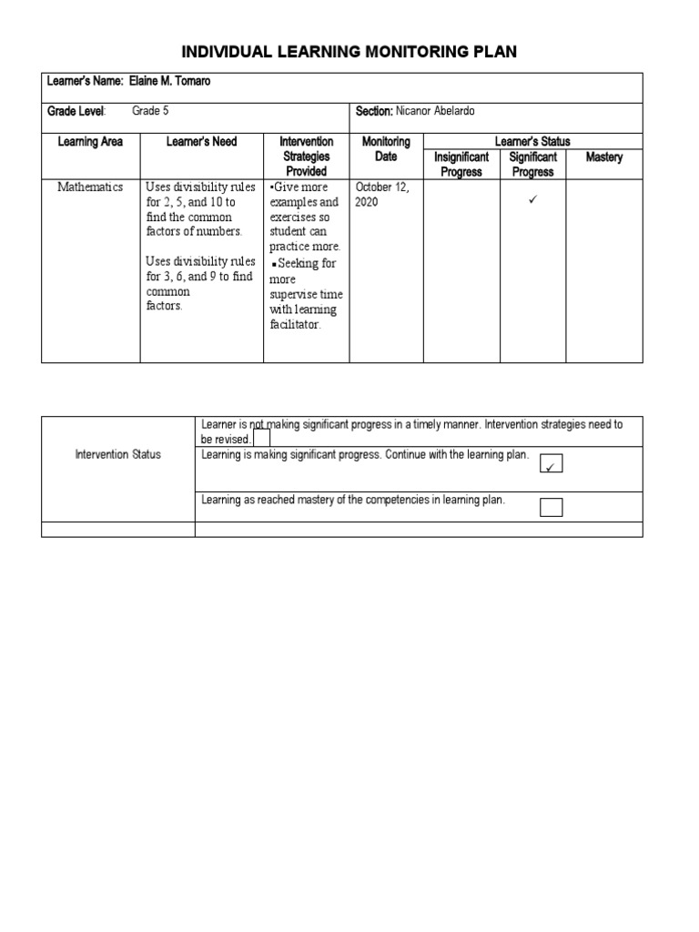Individual Learning Monitoring Plan | PDF
