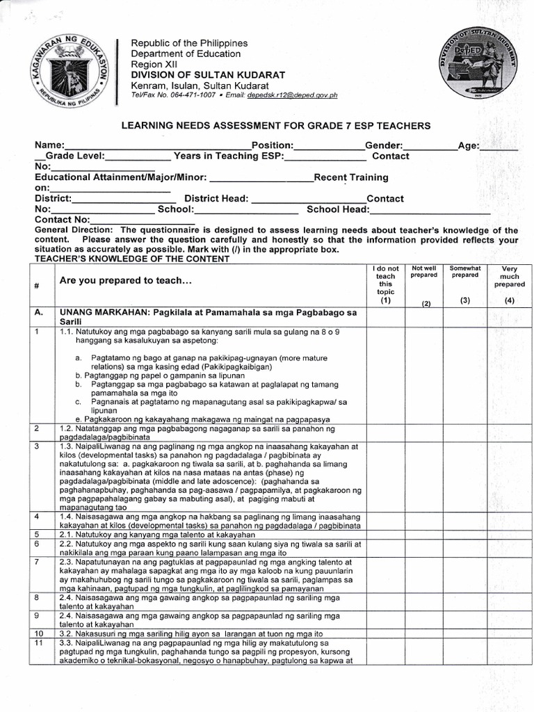 ESP Assessment For Grade 7 | PDF