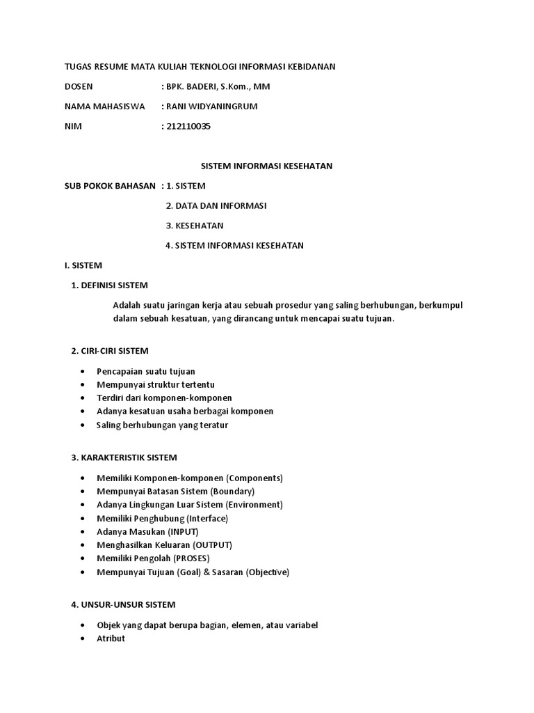 Tugas Resume Mata Kuliah Teknologi Informasi Kebidanan | PDF